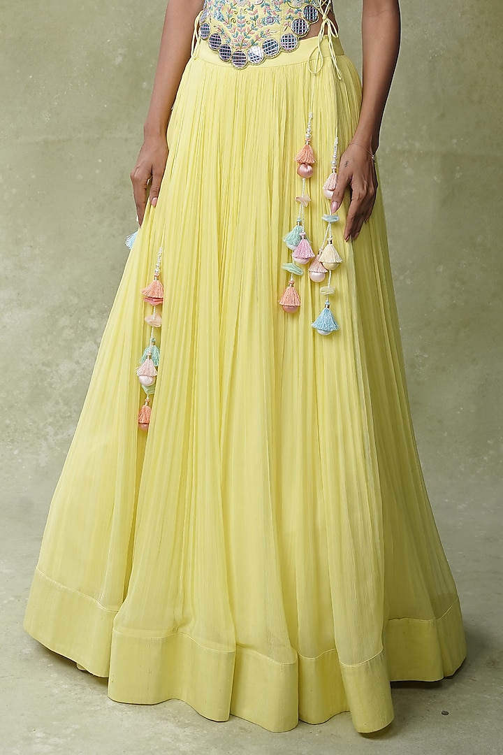 Bright Lemon Yellow Raw Silk Tasseled Flared Wedding Lehenga Set by ...