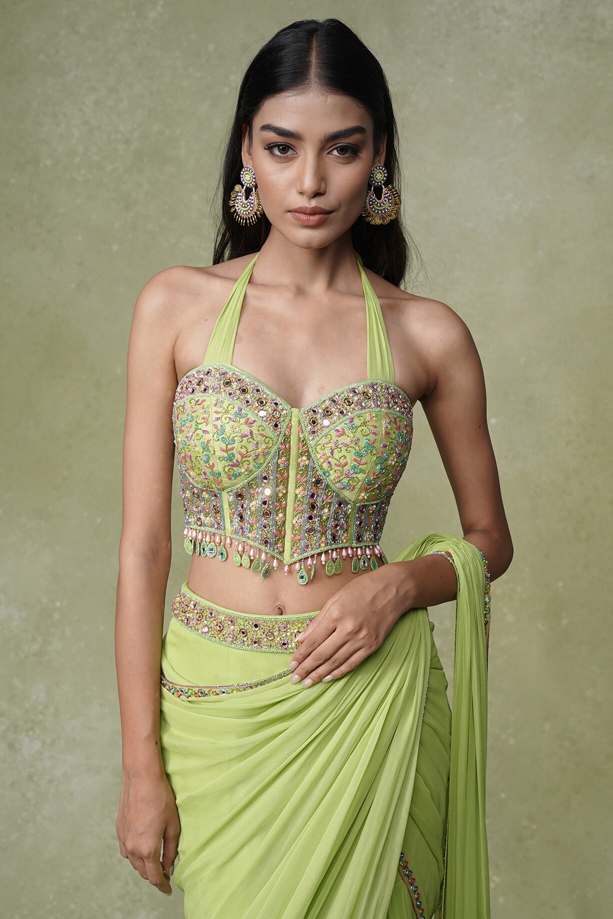 Lime Green Georgette Tiered Pre-Draped Wedding Saree Set by AMRIN KHAN ...