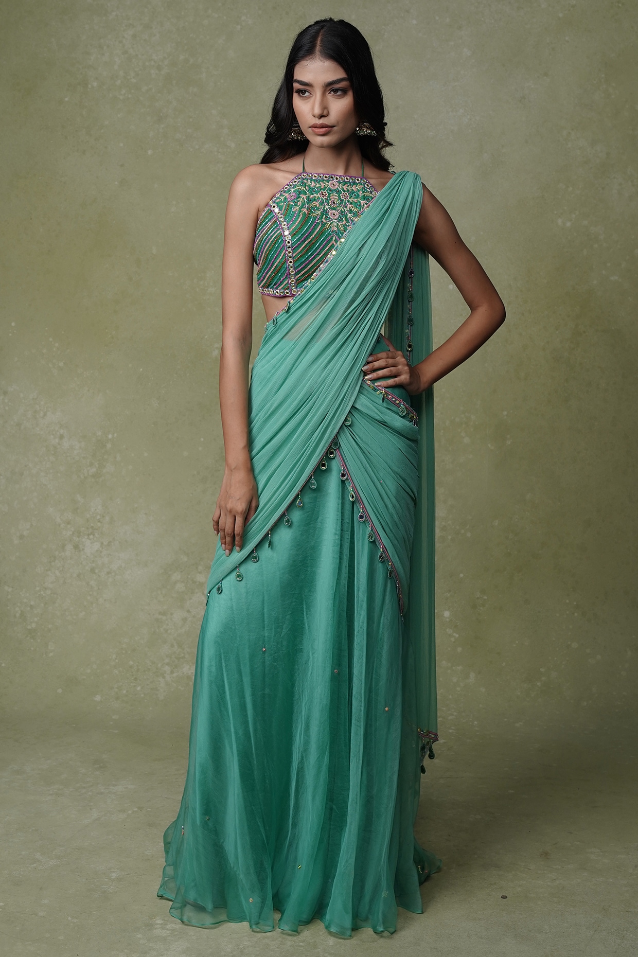 Mint Green Raw Silk & Chiffon Pre-Draped Wedding Saree Set by AMRIN ...