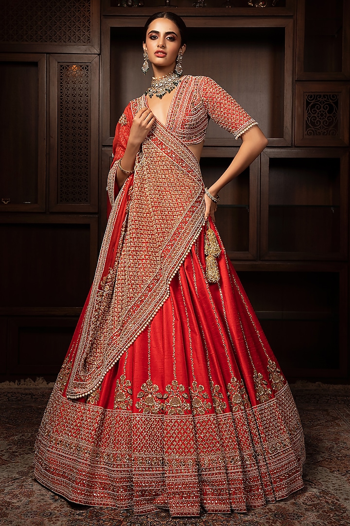 Red Raw Silk Sequins & Zardosi Embellished Bridal Lehenga Set by AMRIN ...
