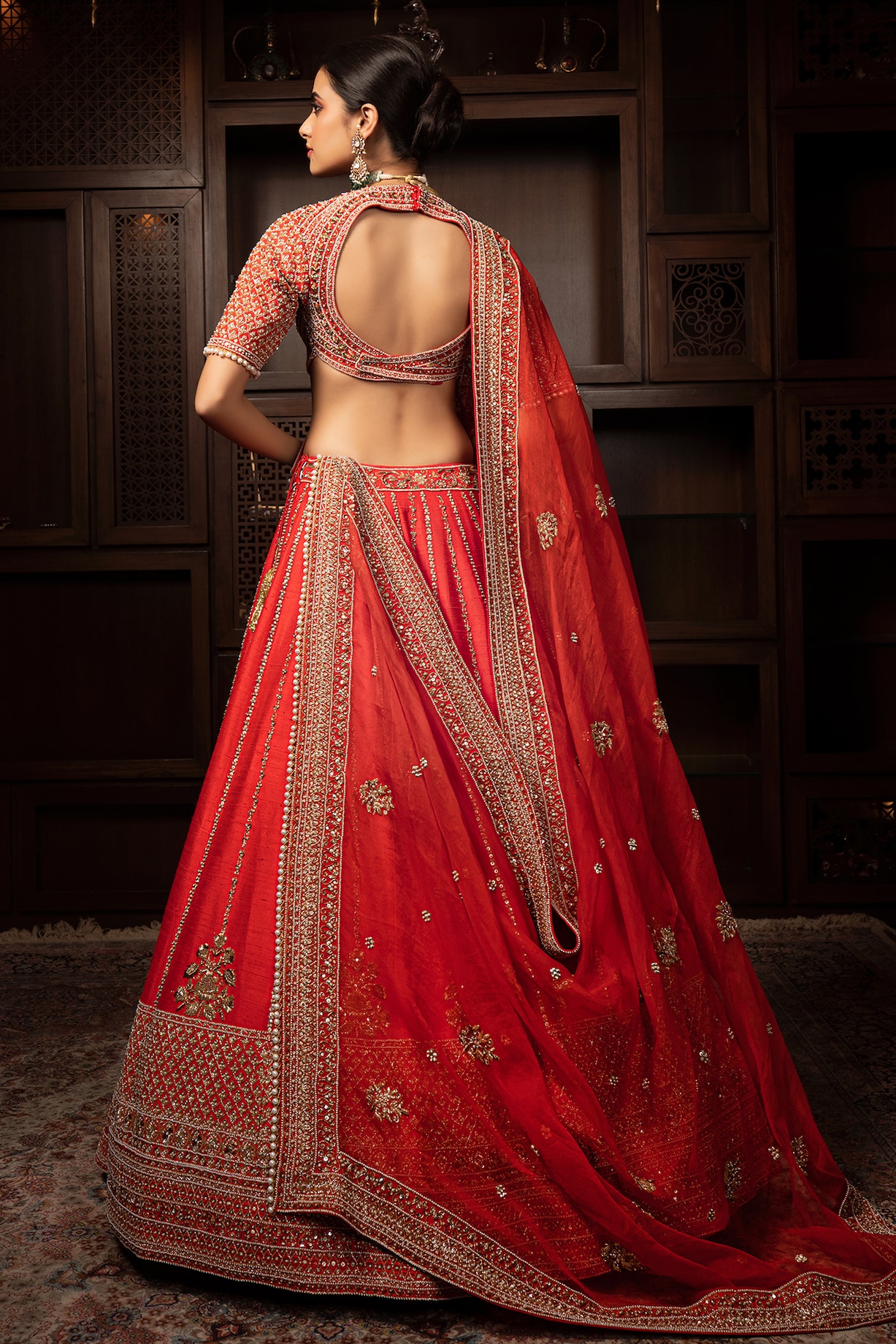 Red Raw Silk Sequins & Zardosi Embellished Bridal Lehenga Set by AMRIN ...