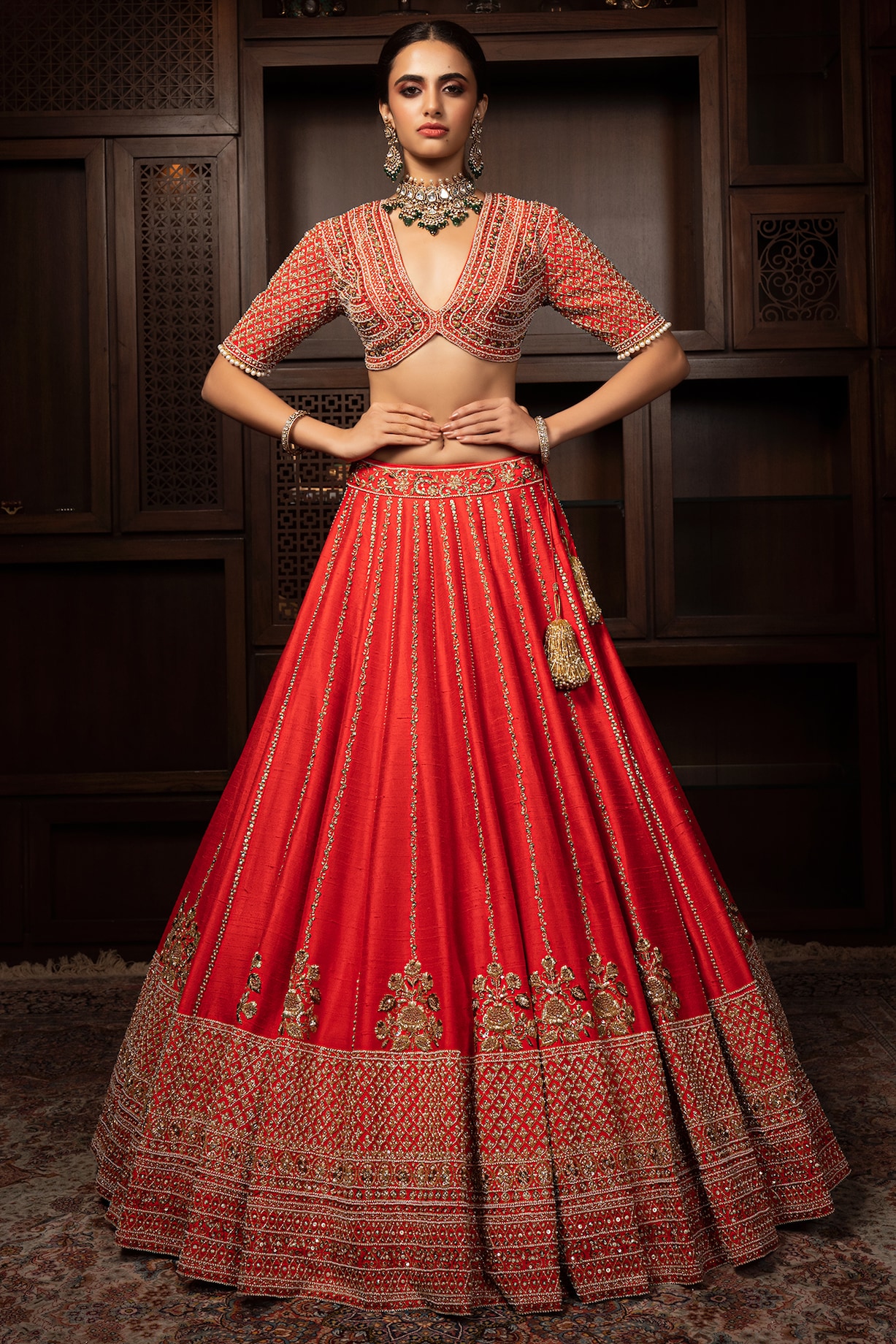 Red Raw Silk Sequins & Zardosi Embellished Bridal Lehenga Set by AMRIN ...