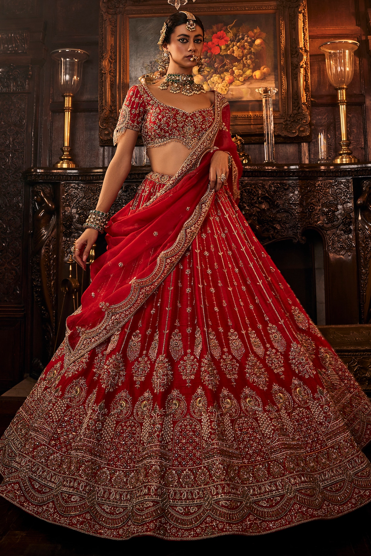 Deep Red Raw Silk Peacock-Motif Embroidered Bridal Lehenga Set by AMRIN ...