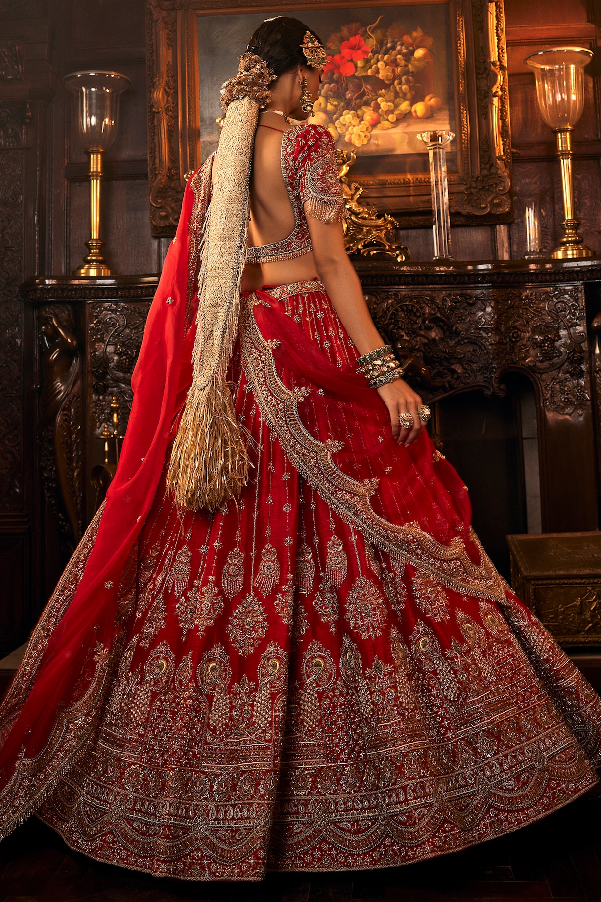 Deep Red Raw Silk Peacock-Motif Embroidered Bridal Lehenga Set by AMRIN ...