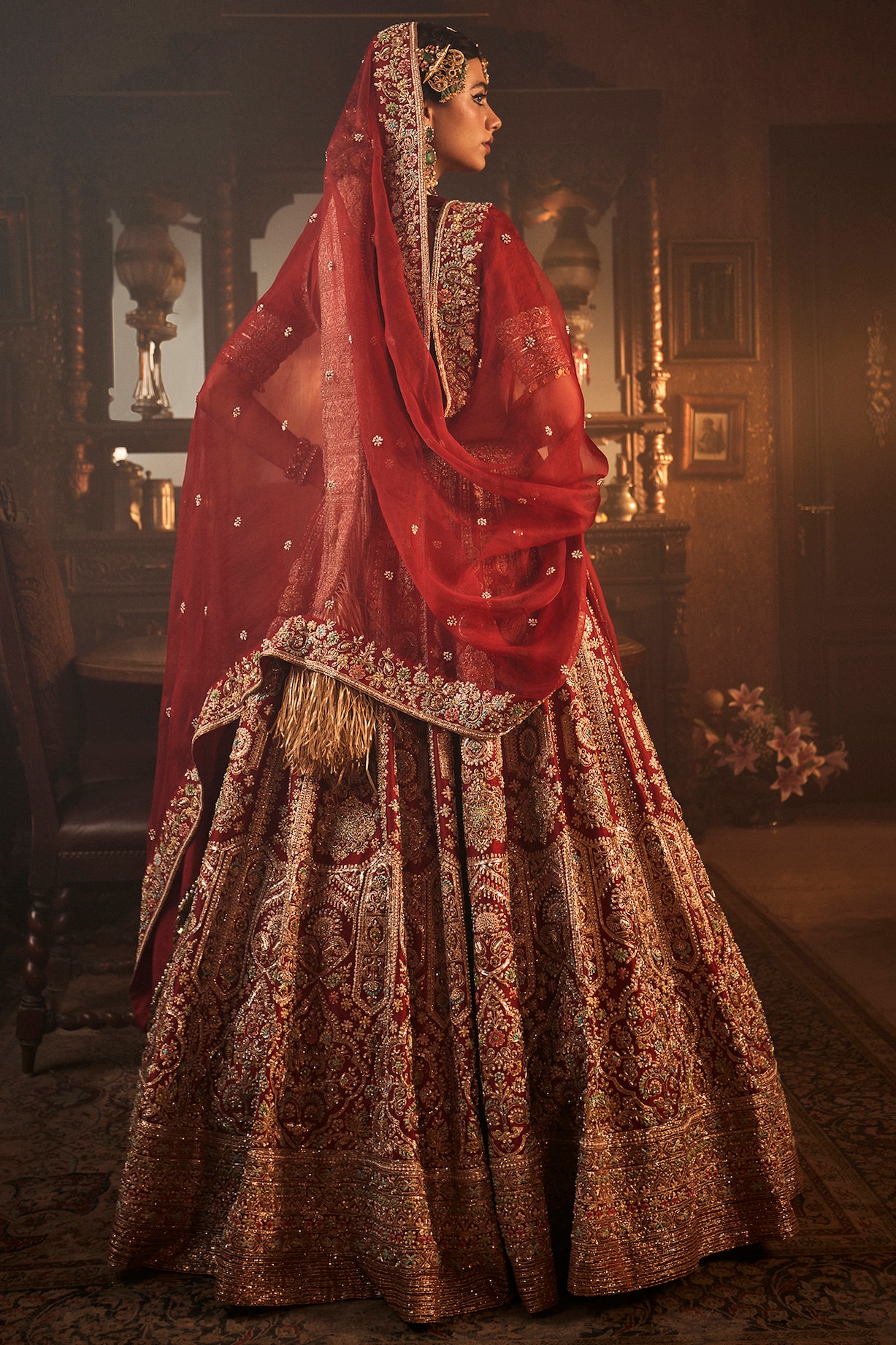 Maroon-Red Raw Silk Zari & Zardosi Embroidered Bridal Lehenga Set by ...