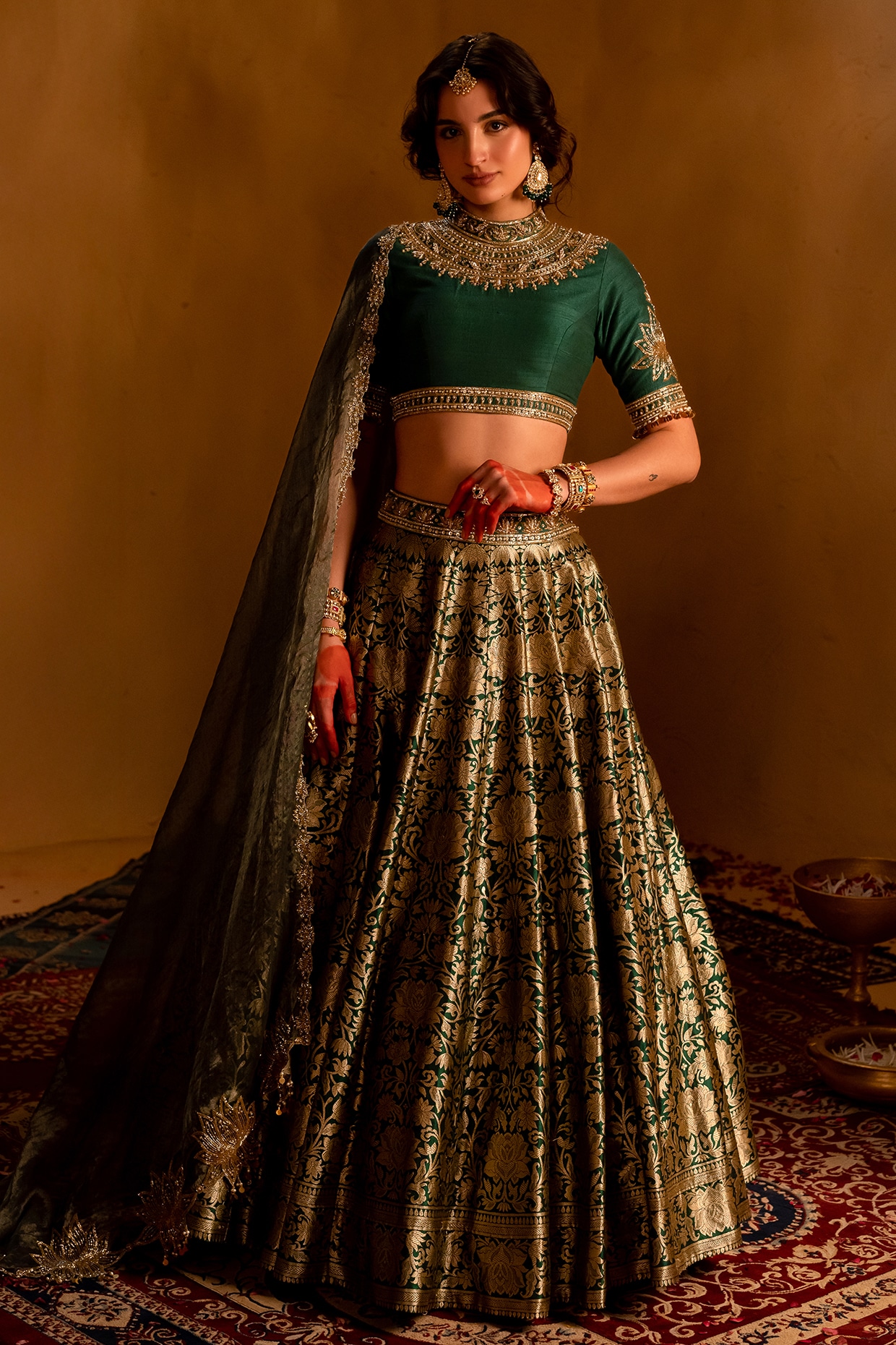 Green Banarasi Handcrafted Bridal Lehenga Set by AMRIN KHAN at Pernia's ...