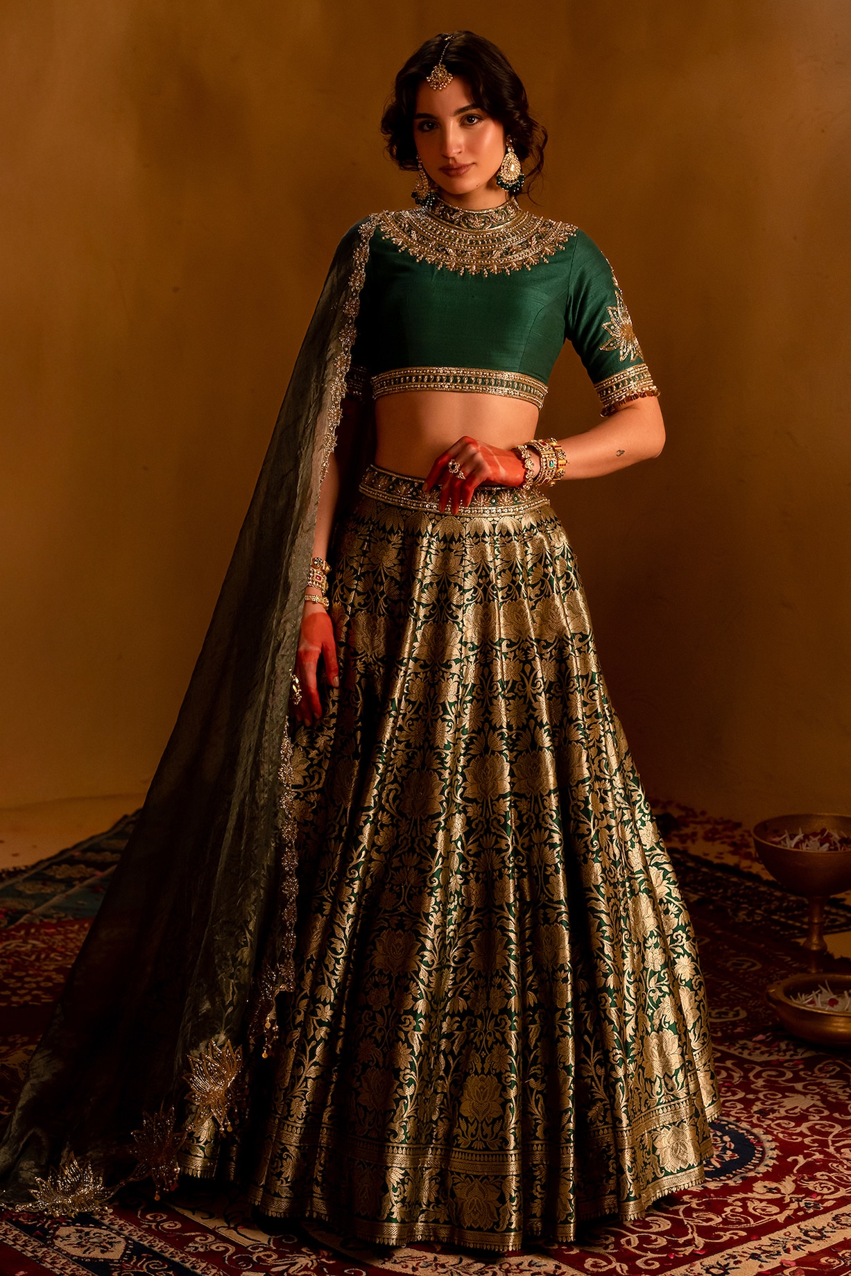 Green Banarasi Handcrafted Bridal Lehenga Set by AMRIN KHAN at Pernia's ...