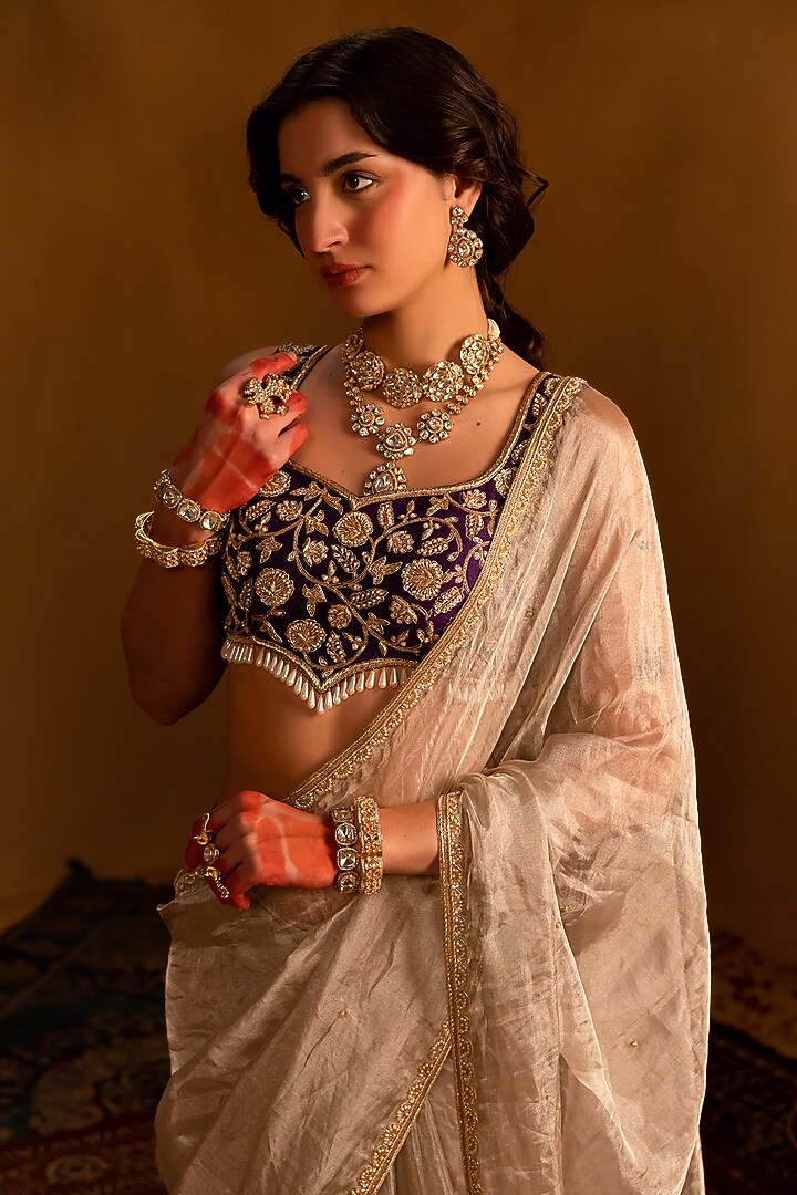 Silver Tissue Handcrafted Wedding Saree Set by AMRIN KHAN at Pernia's ...