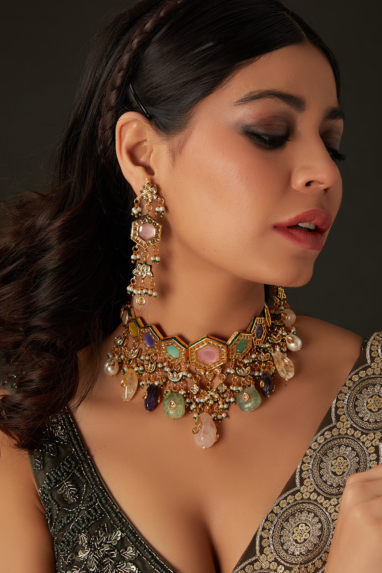 Gold Finish Multi-Colored Kundan Polki Choker Necklace Set by Amreli Jaipur at Pernia's Pop Up ...