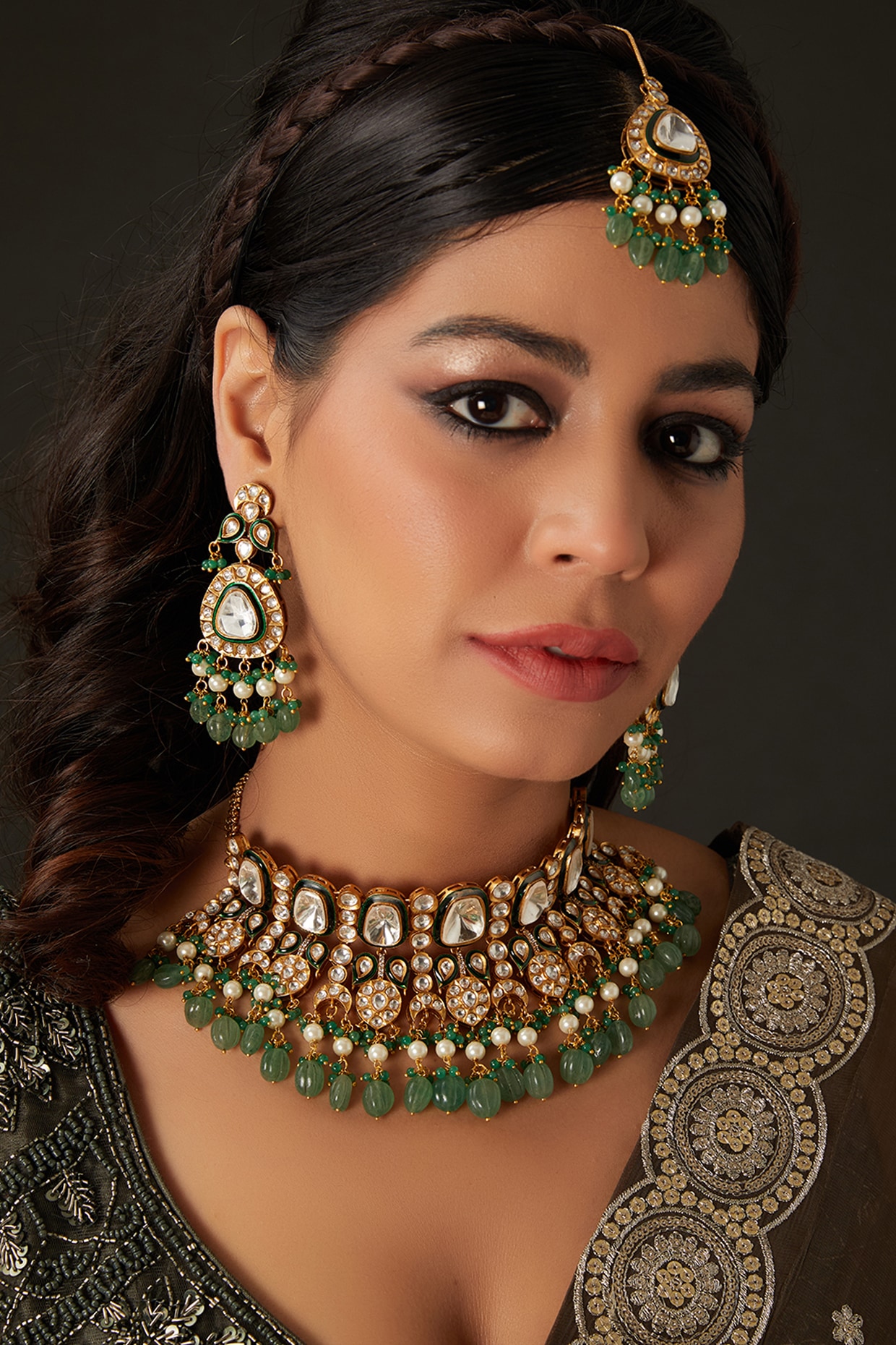 Gold Finish Kundan Polki & Emerald Beaded Choker Necklace Set by Amreli Jaipur at Pernia's Pop ...