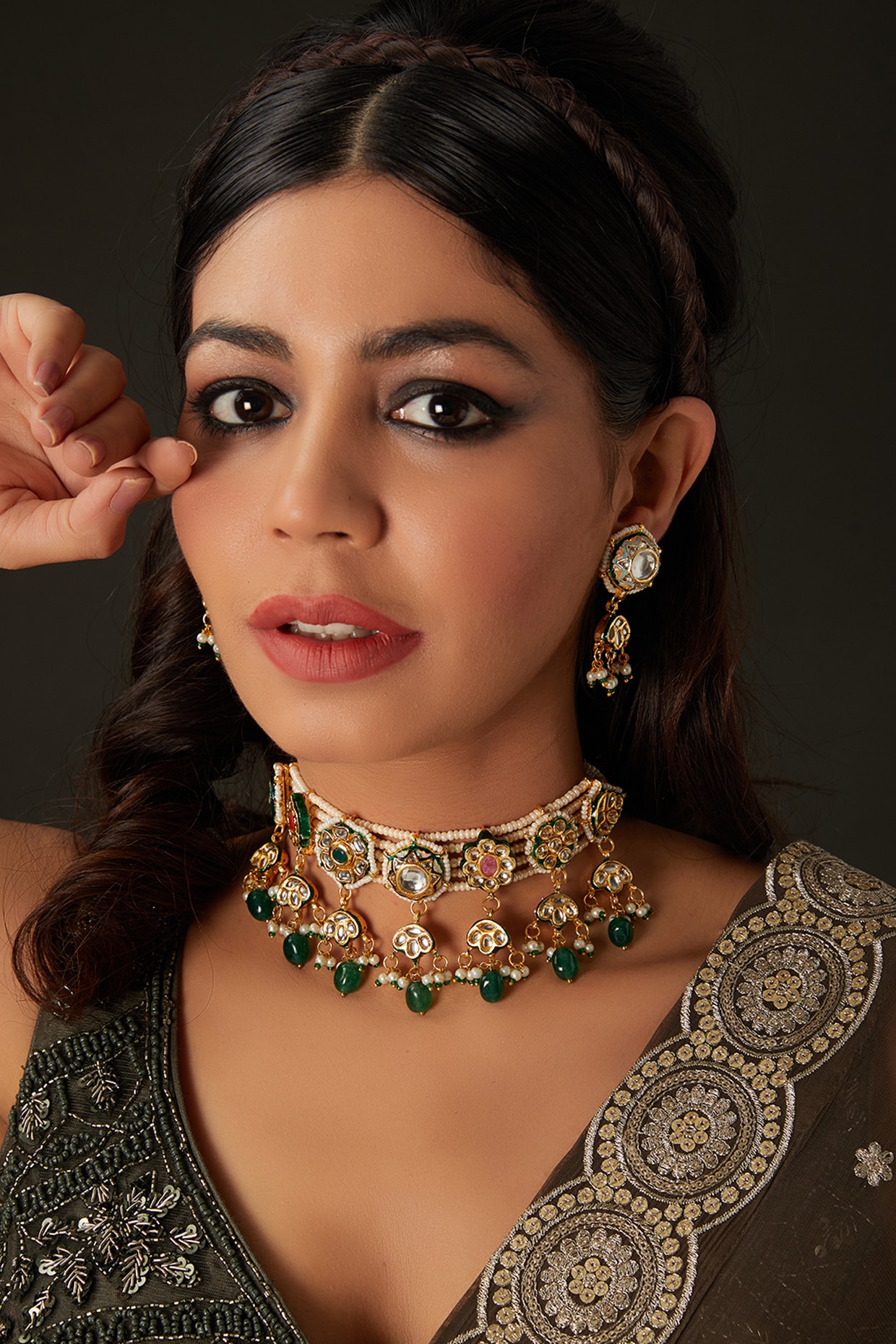 Gold Finish Green Kundan Polki Choker Necklace Set by Amreli Jaipur at Pernia's Pop Up Shop 2025