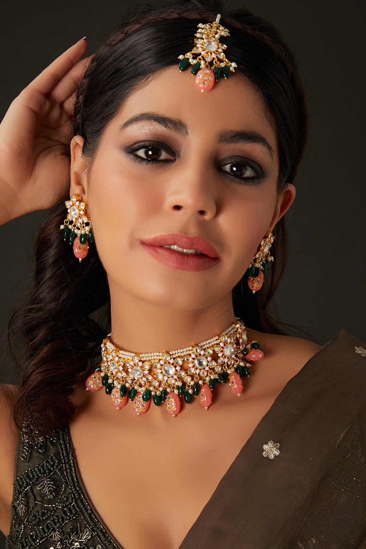 Gold Finish Pachi Kundan Polki Choker Necklace Set by Amreli Jaipur at Pernia's Pop Up Shop 2025
