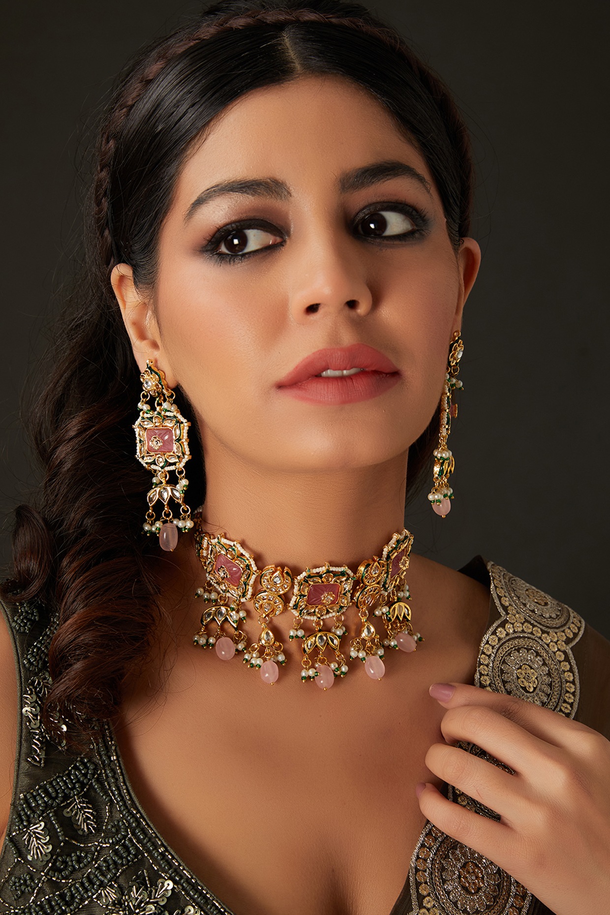 Gold Finish Pink Kundan Polki Choker Necklace Set by Amreli Jaipur at Pernia's Pop Up Shop 2025