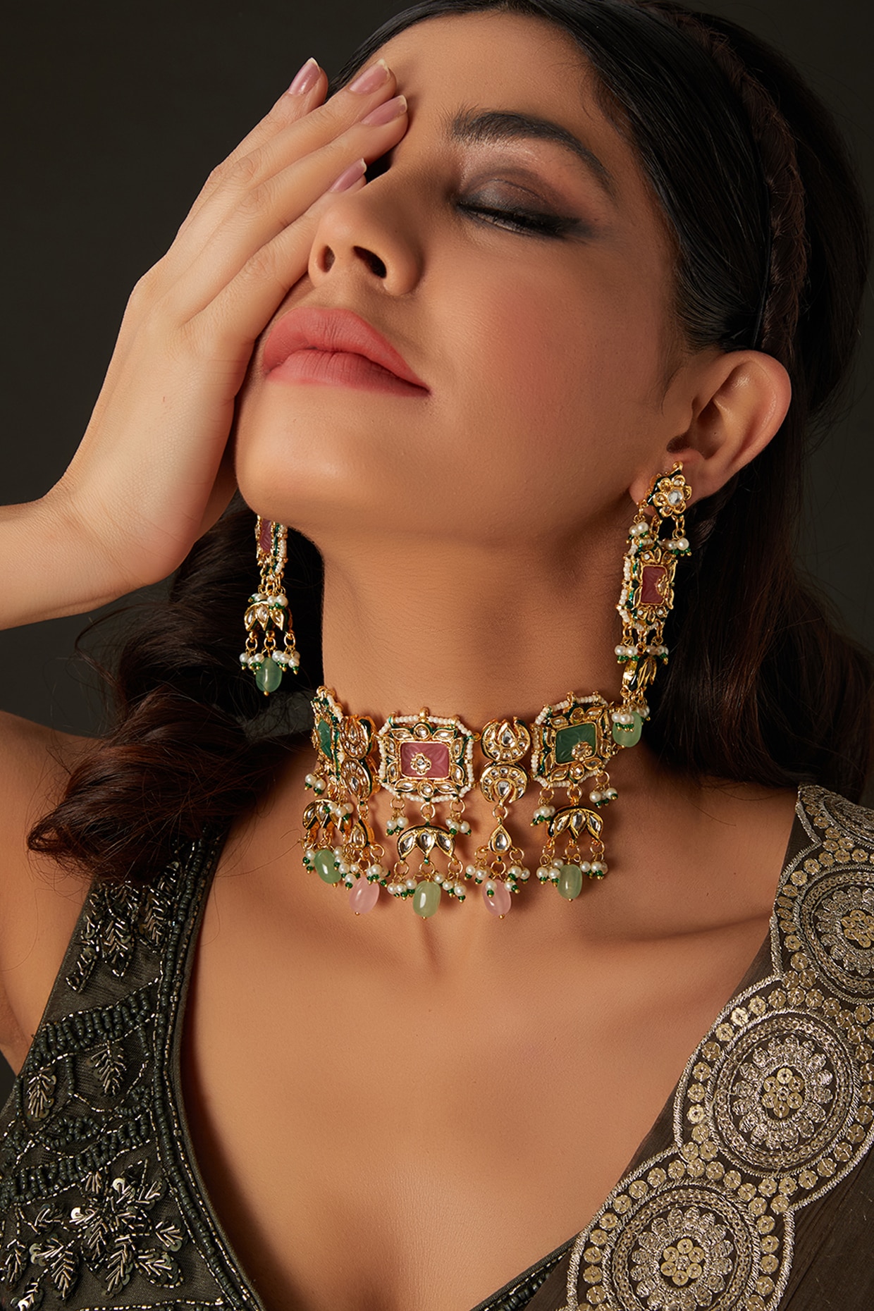 Gold Finish Multi-Colored Kundan Polki Choker Necklace Set by Amreli Jaipur at Pernia's Pop Up ...