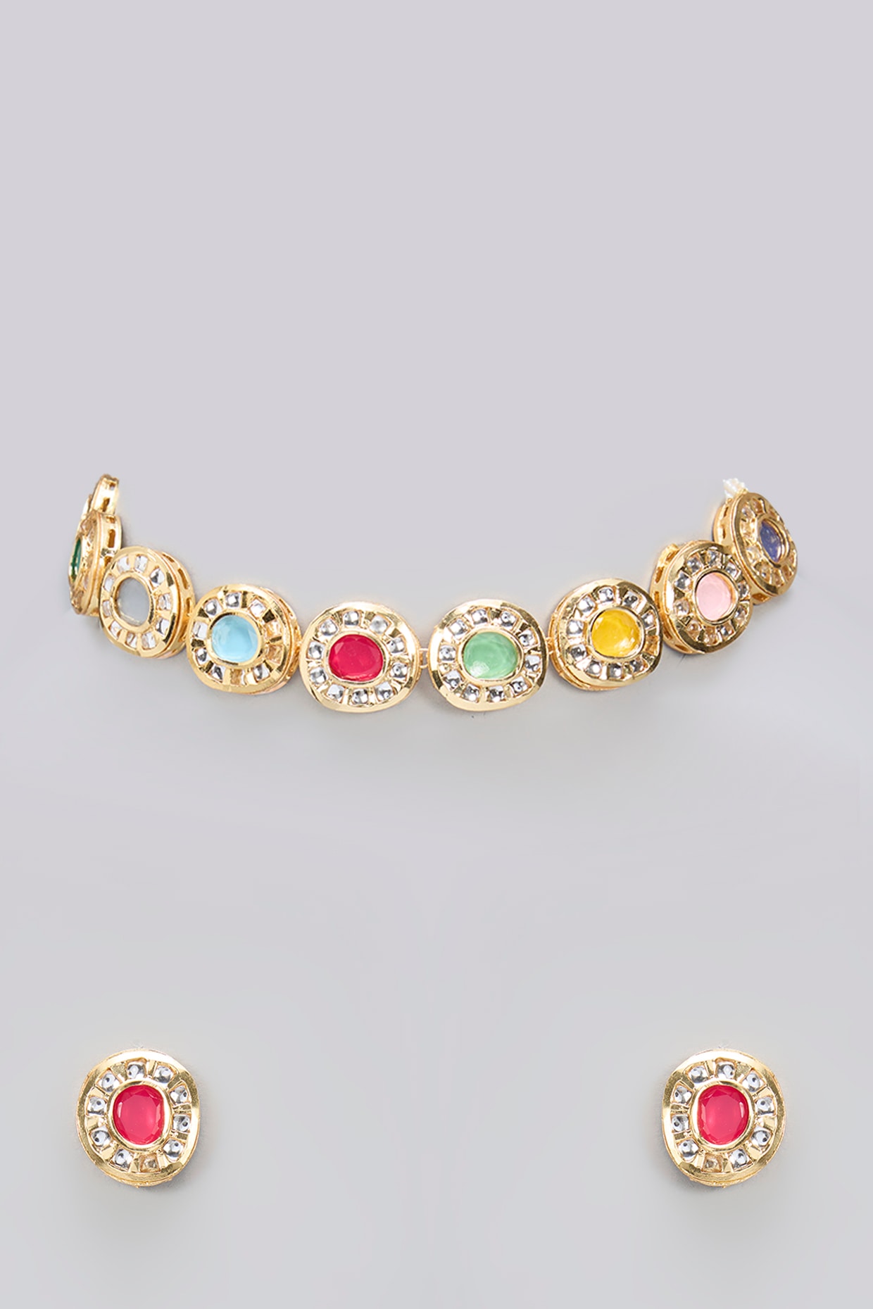 Gold Finish Multi-Colored Kundan Polki Handcrafted Choker Necklace Set by Amreli Jaipur at ...