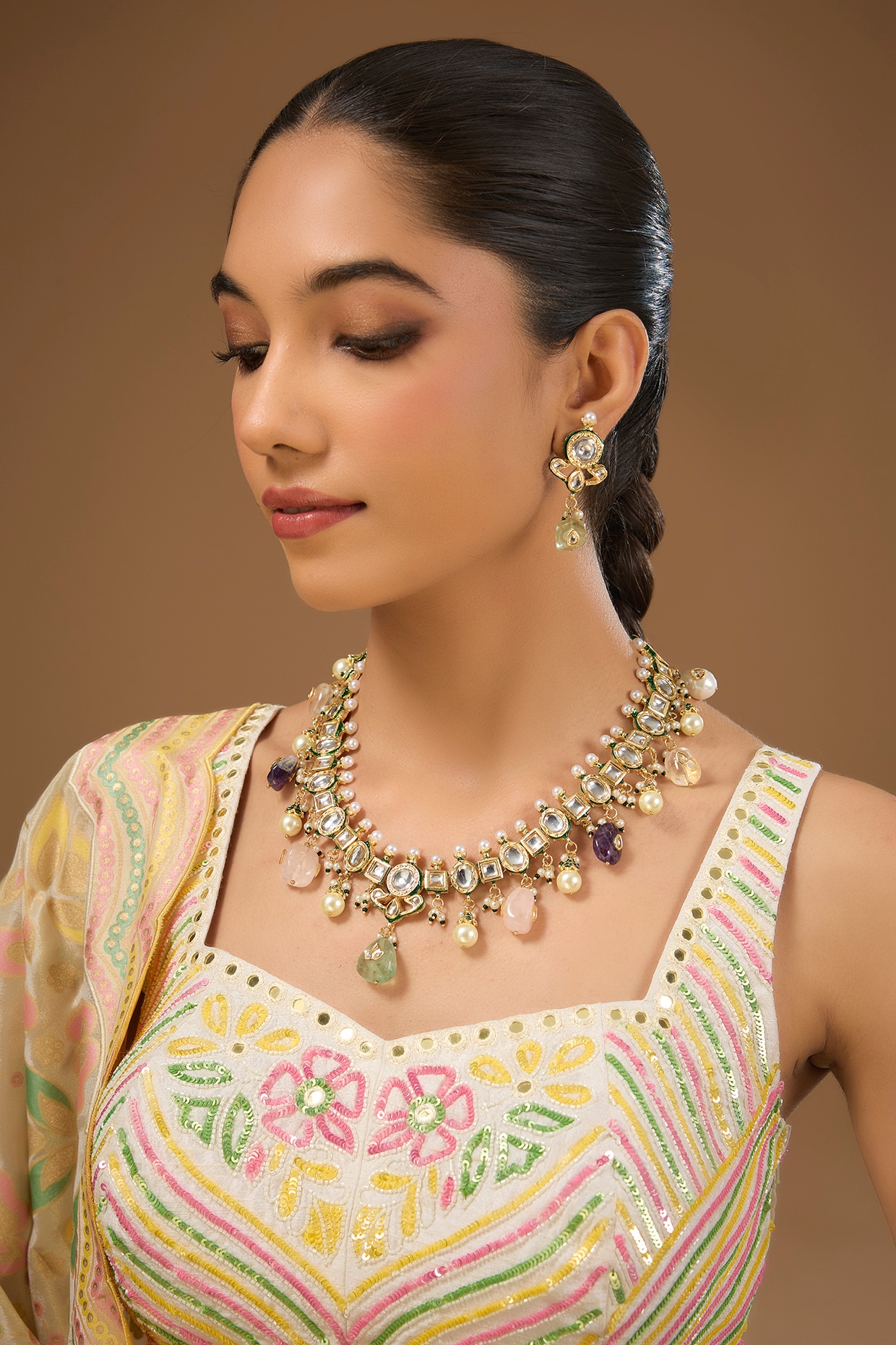 Gold Finish Kundan Polki & Multi-Colored Beaded Handcrafted Necklace Set by Amreli Jaipur at ...