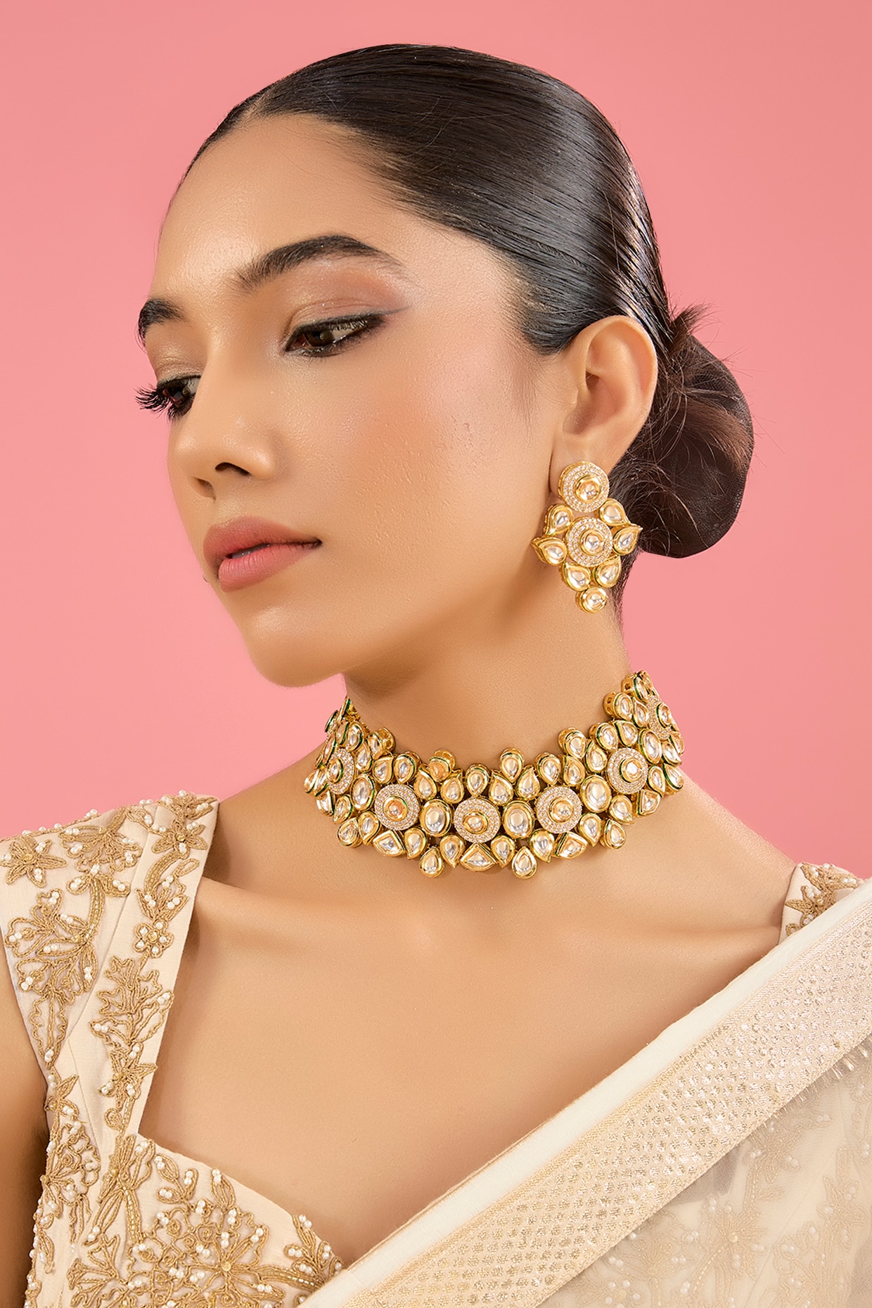 Gold Finish Kundan Polki Choker Necklace Set by Amreli Jaipur at Pernia's Pop Up Shop 2025