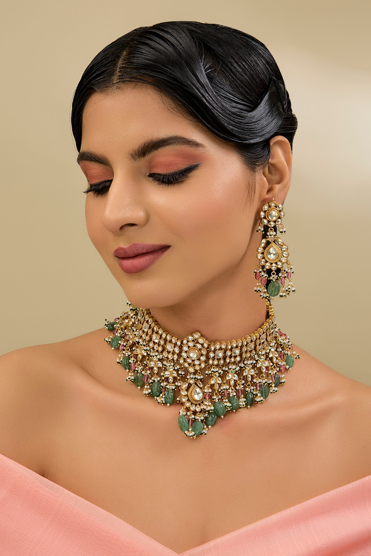 Gold Finish Pachi Kundan Polki & Fine Beaded Choker Necklace Set by Amreli Jaipur at Pernia's ...