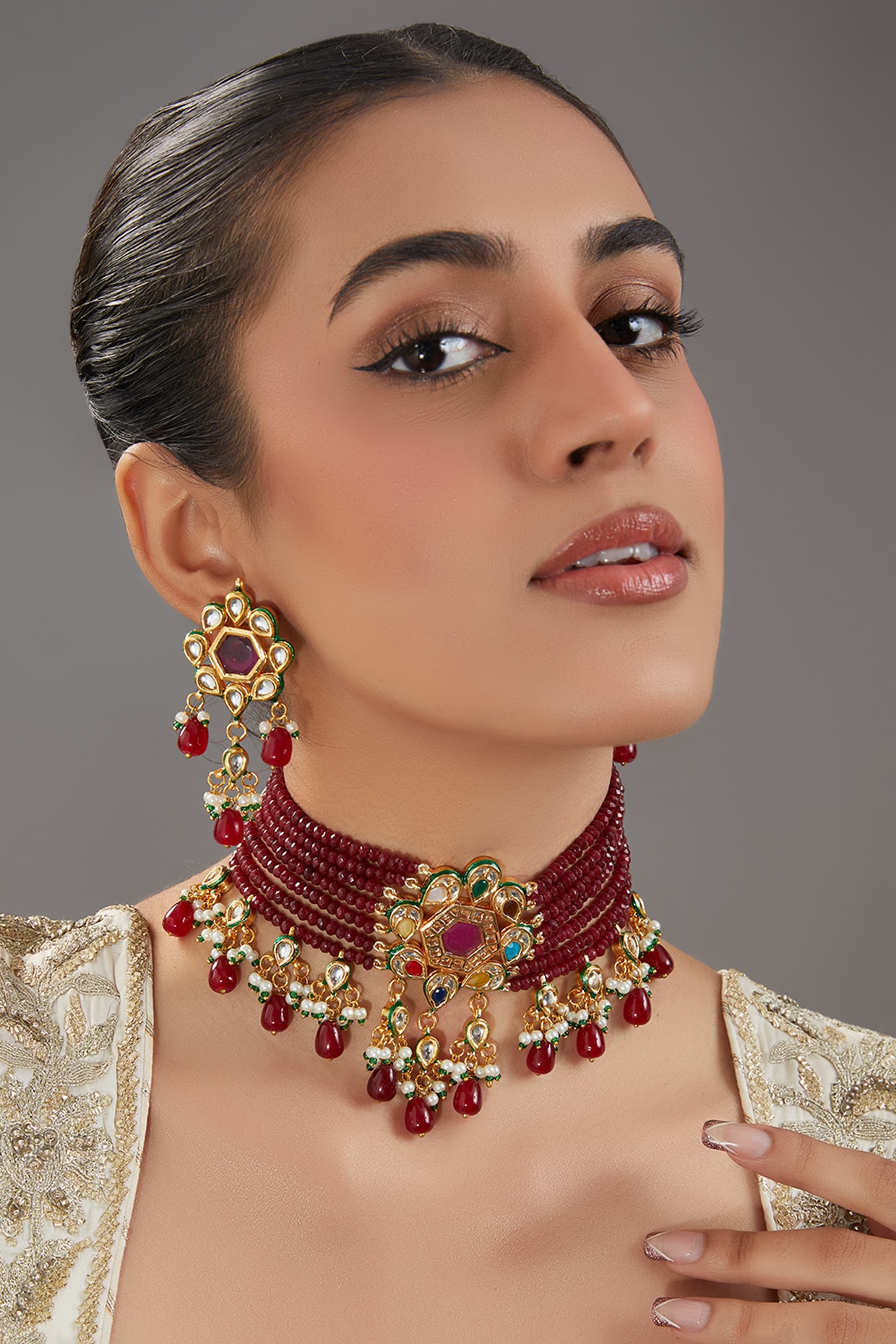 Gold Finish Red Kundan Polki & Beaded Choker Necklace Set by Amreli Jaipur at Pernia's Pop Up ...