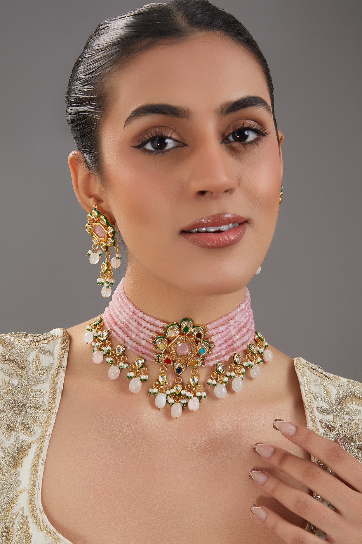 Gold Finish Pink Kundan Polki & Navratna Stone Choker Necklace Set by Amreli Jaipur at Pernia's ...