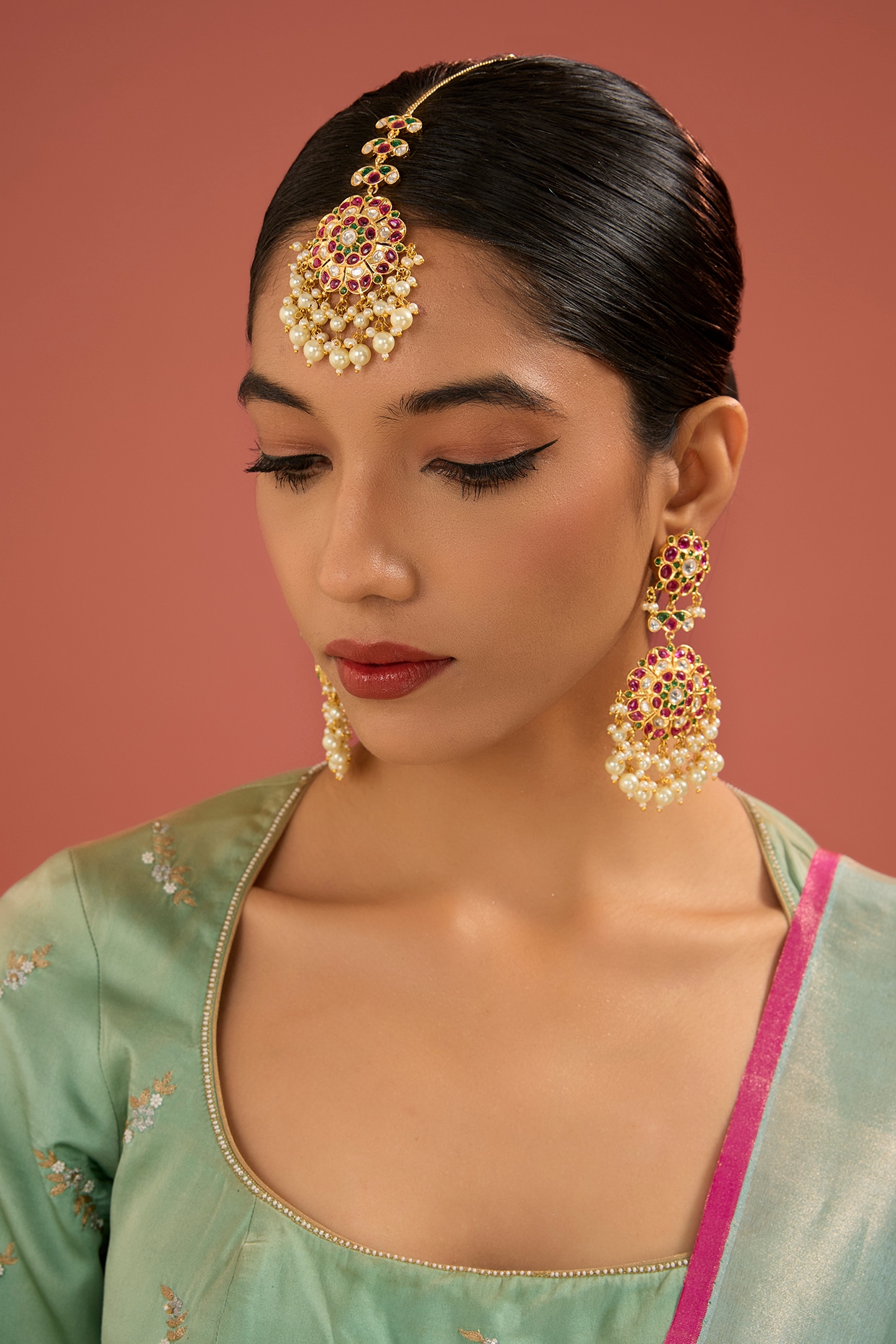 Gold Finish Jadau Kundan Polki & Pearl Dangler Earrings With Maangtikka by Amreli Jaipur at ...