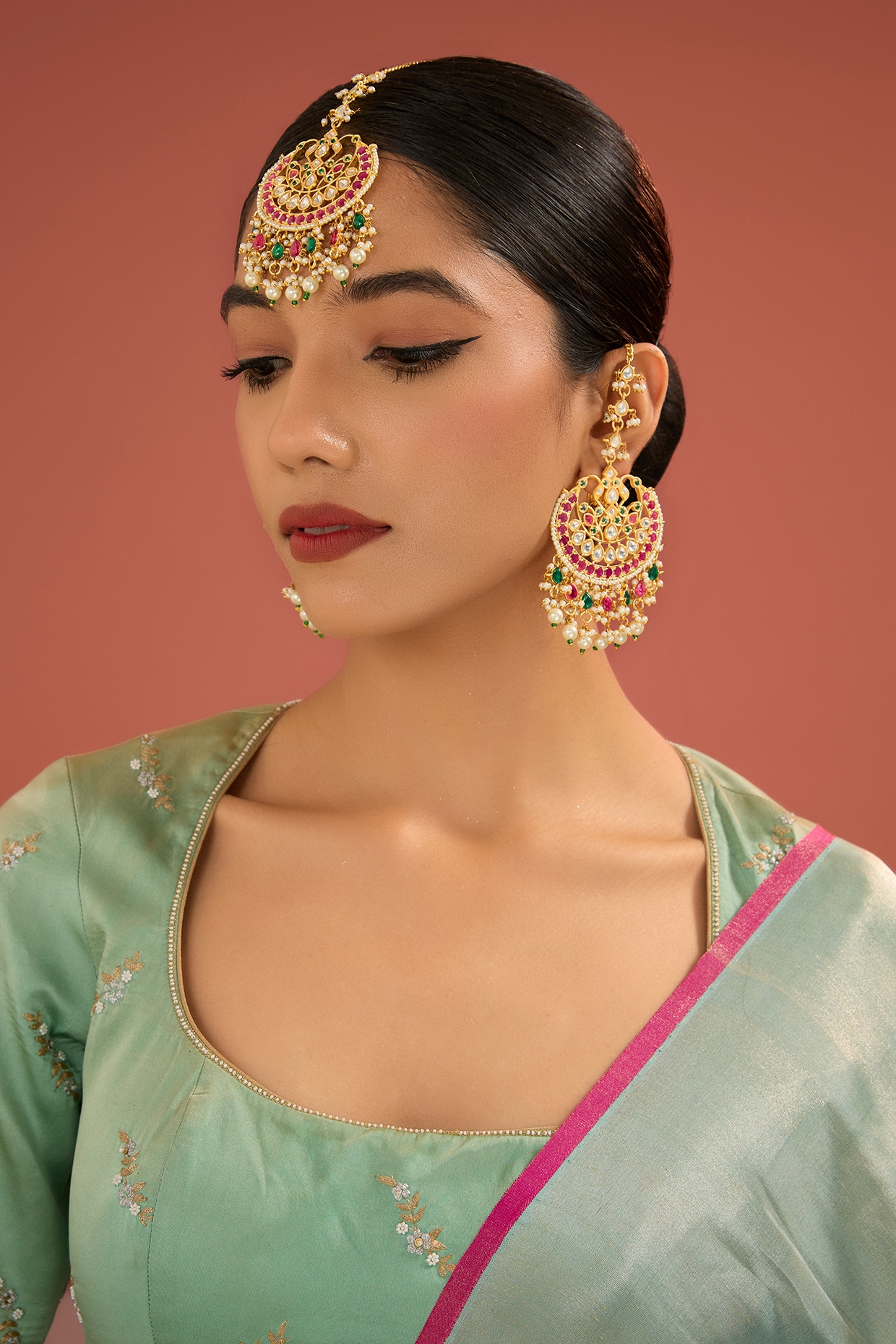 Gold Finish Jadau Kundan Polki & Pearl Dangler Earrings With Maangtikka by Amreli Jaipur at ...