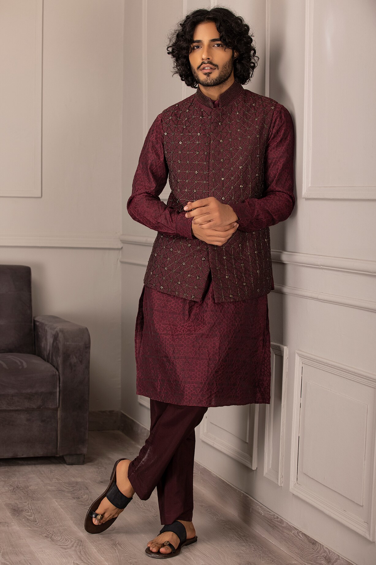 Buy AMIT ARORA Wine Banarasi Silk Embroidered Nehru Jacket Set at ...