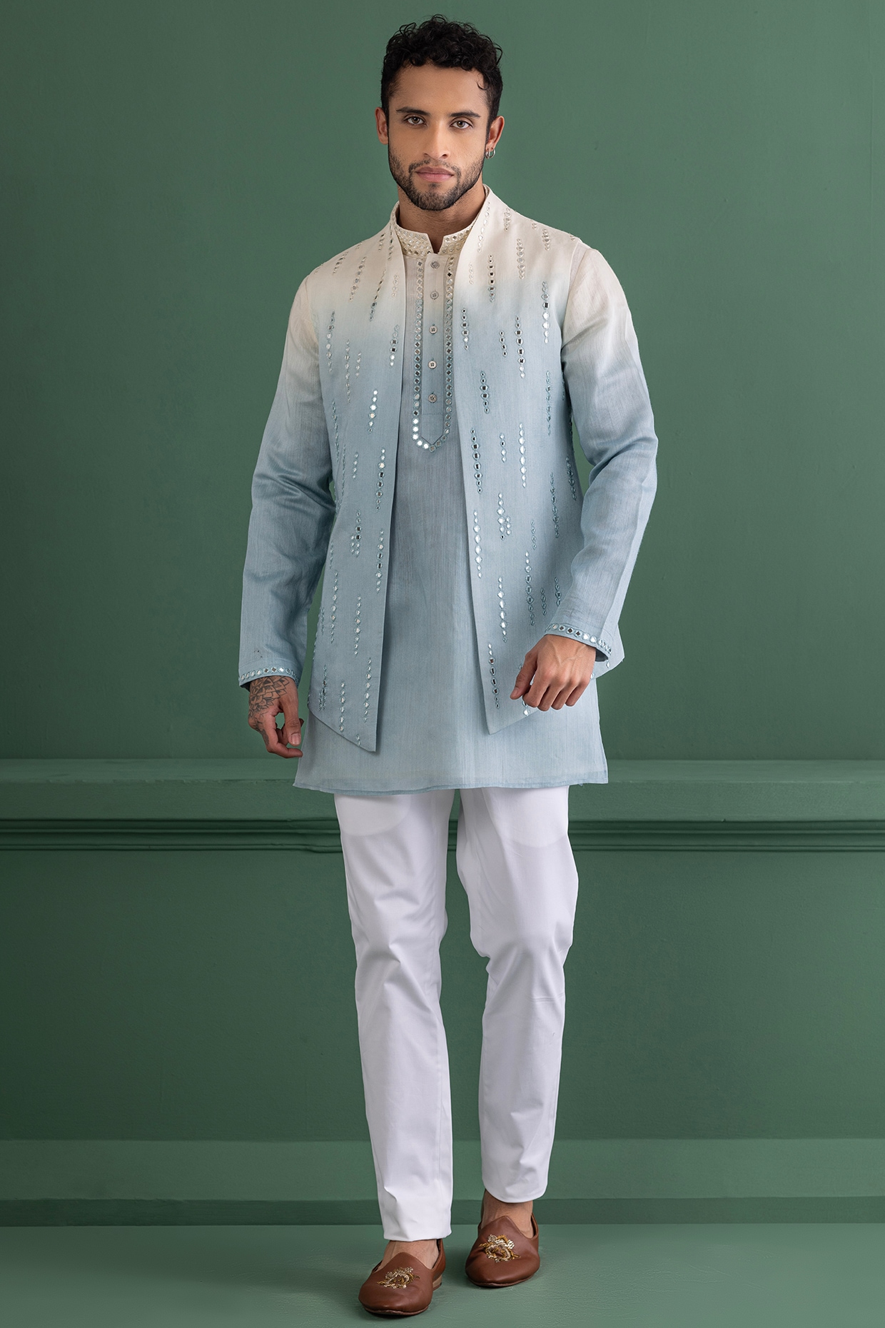 Sky Blue Chanderi Silk Mirror Work Indowestern Set by AMIT ARORA at Pernia's Pop Up Shop 2025