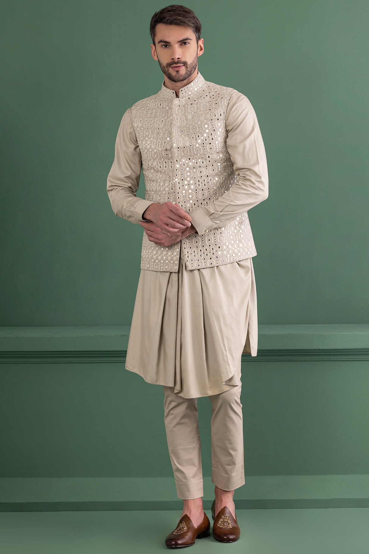Light Olive Linen Silk Mirror Work Jacket Set by AMIT ARORA at Pernia's ...