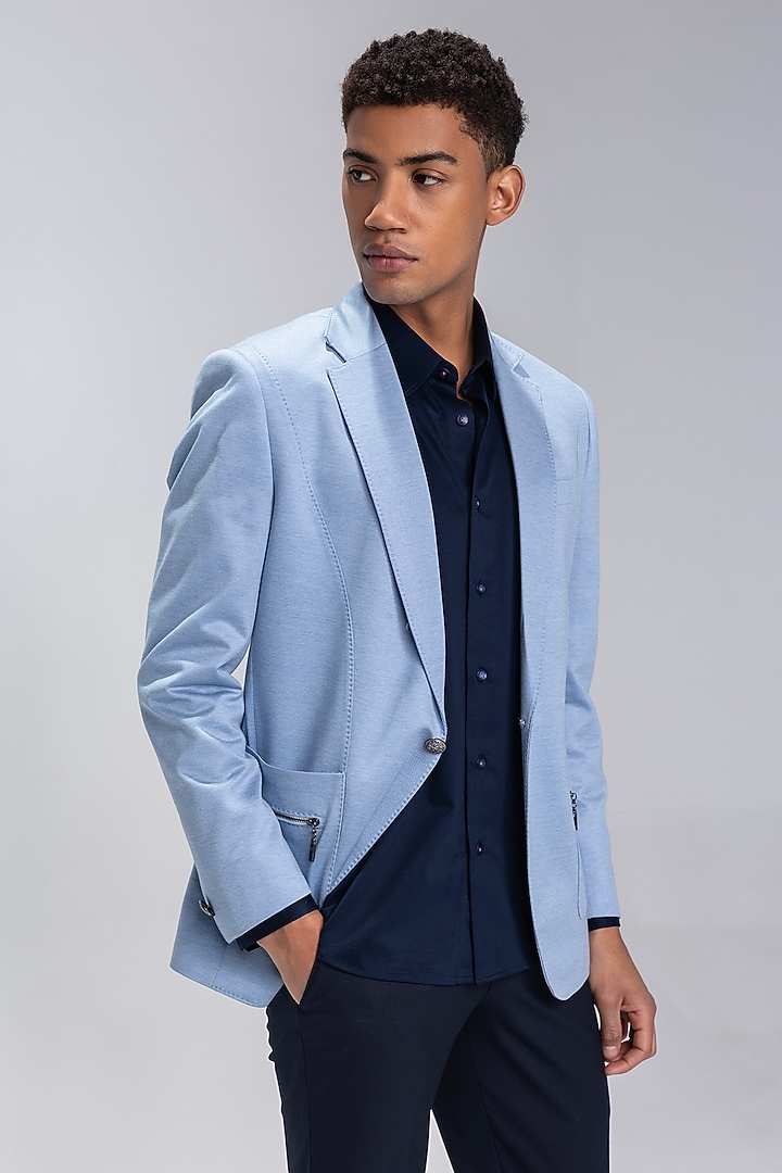 Sky Blue Knit Blazer by AMIT ARORA at Pernia's Pop Up Shop 2025