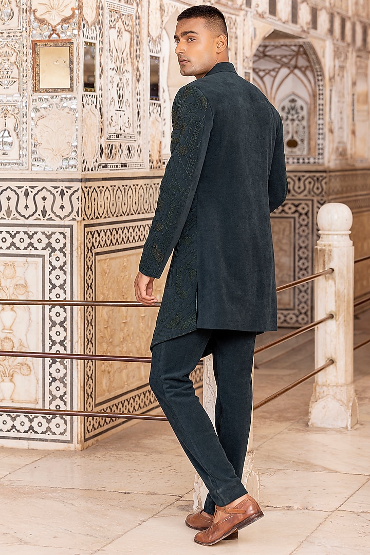 Bottle Green Cord Hand Embroidered Indowestern Set Design by AMIT ARORA ...