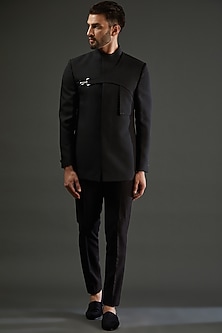 Black Jacquard Overlapped Bandhgala Design by AMIT ARORA at Pernia's ...