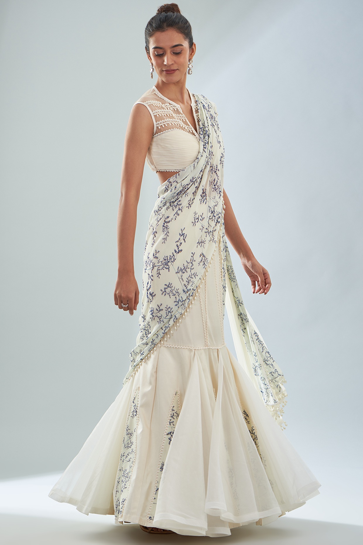 Ivory Georgette & Silk Floral Printed Draped Saree Set by Amit Sachdeva ...