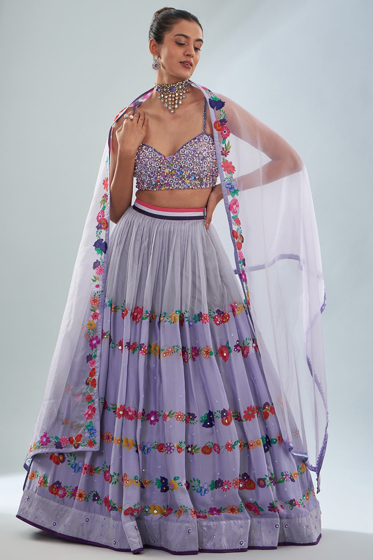 Lavender Organza & Satin Floral Printed Wedding Lehenga Set by Amit ...