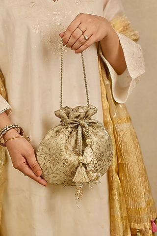 Light Gold Tissue Cutwork & Zari Thread Embroidered Potli by AMYRA at ...