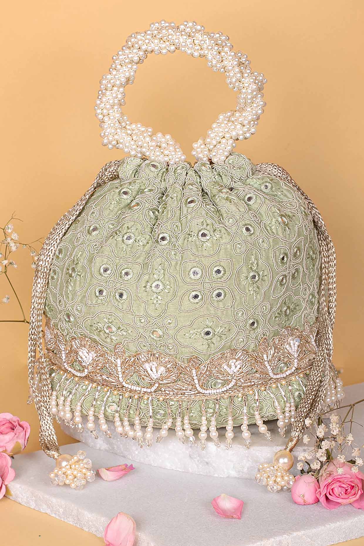 Pastel Green Poly Silk Embroidered Bucket Bag by AMYRA at Pernia's Pop ...