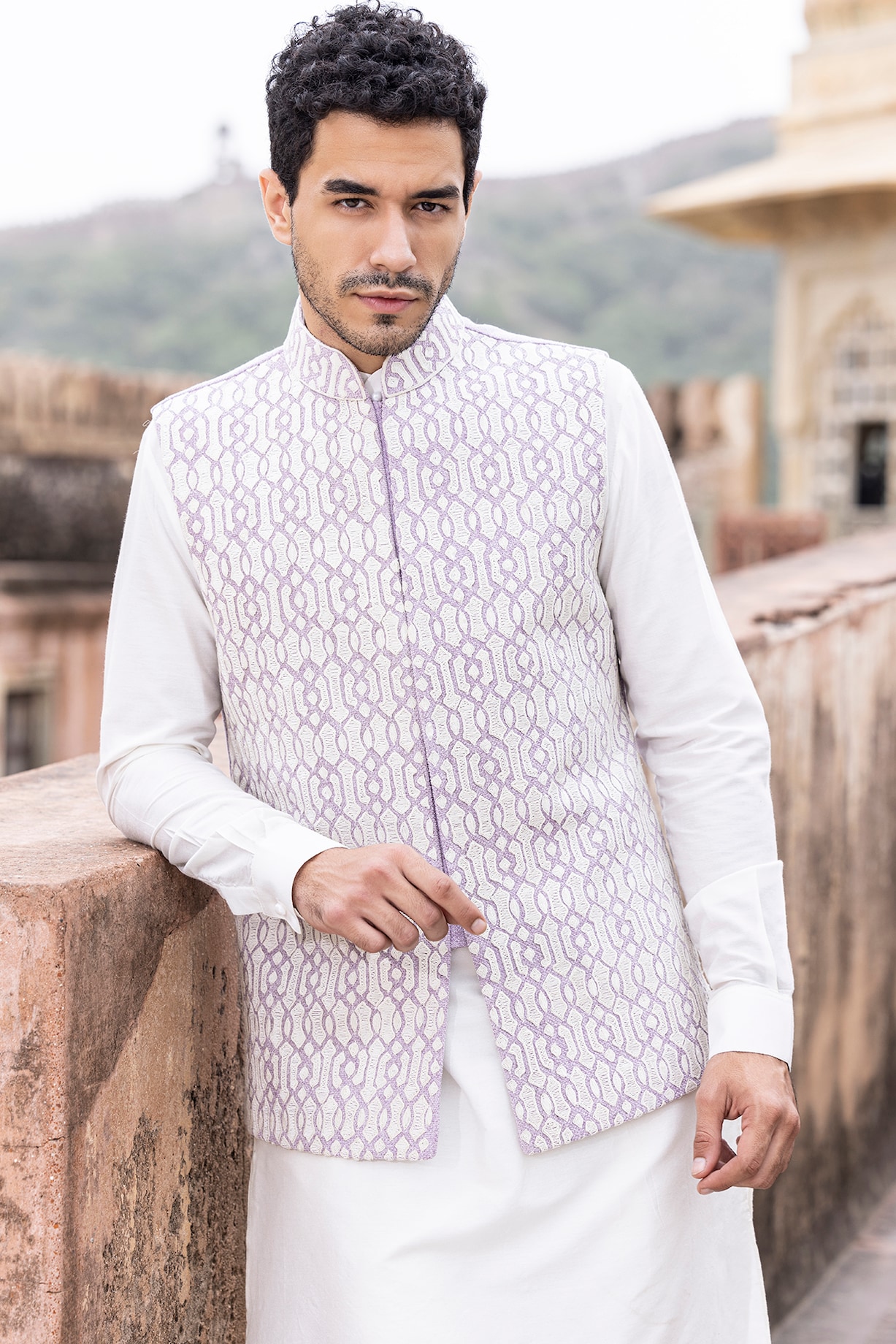Lilac Textured Rayon Hand Embroidered Bundi Jacket Set Design by AMIT ...