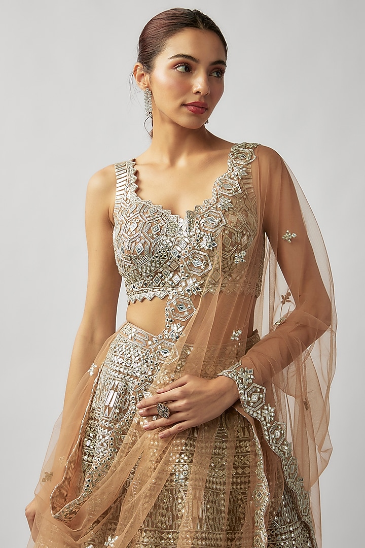 Bronze Net Foil Embroidered Lehenga Set Design by Aneesh Agarwaal at ...