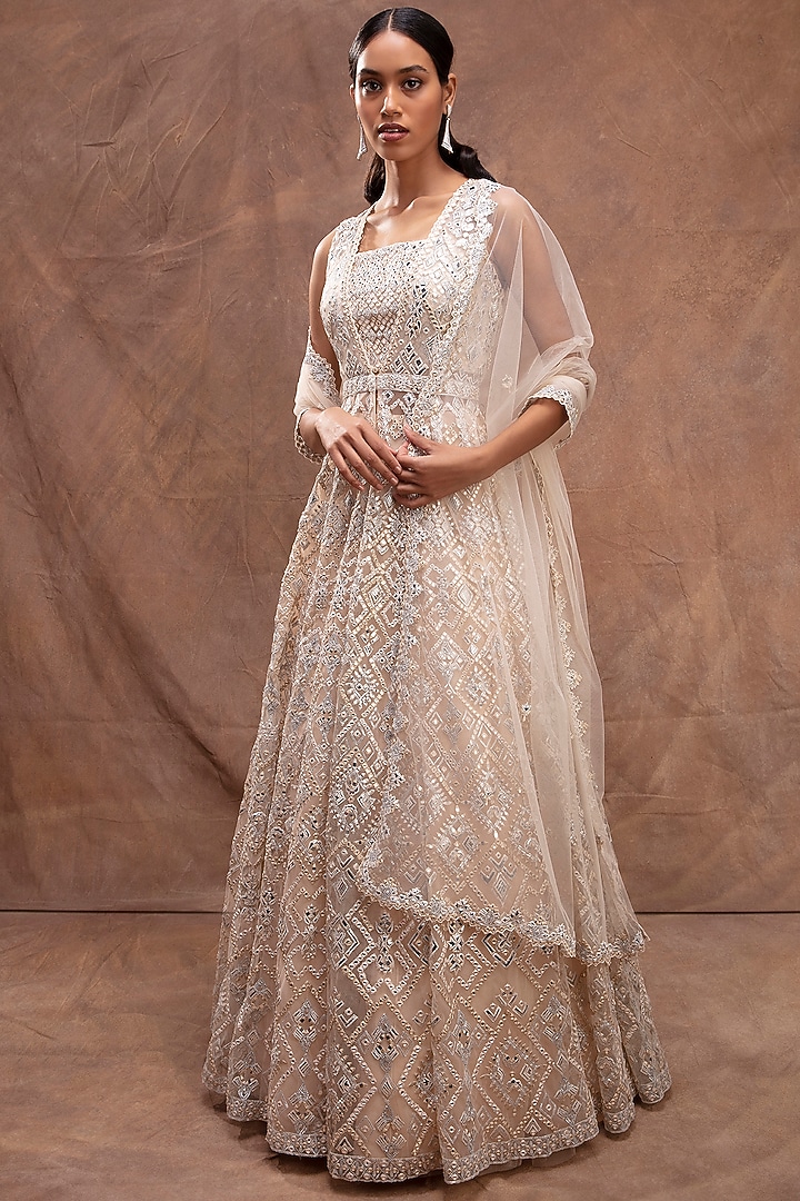 White Embroidered Jacket Lehenga Set Design by Aneesh Agarwaal at ...