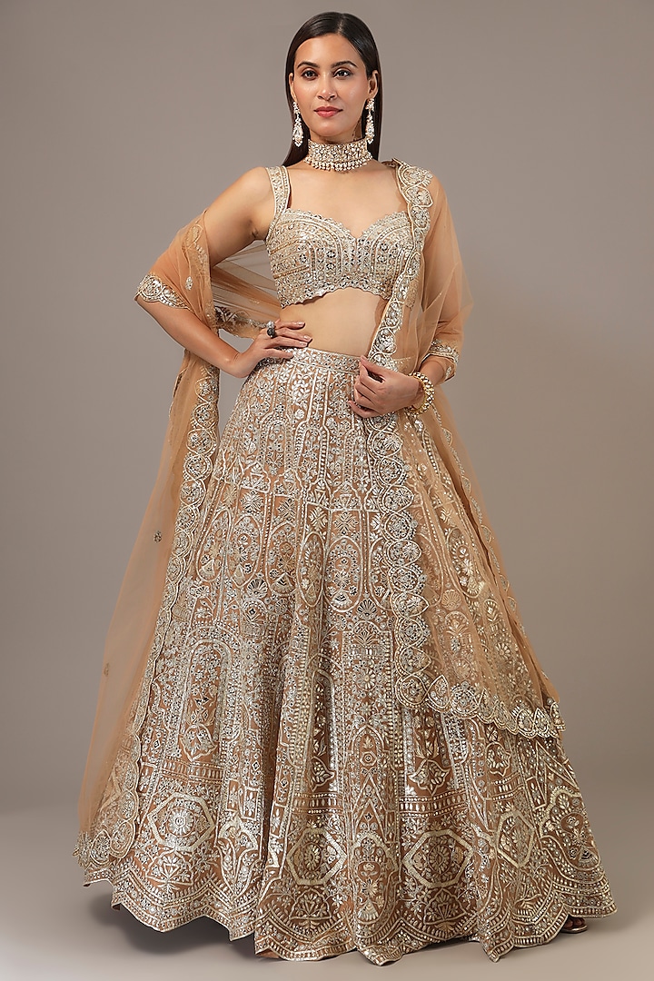 Gold Organza Mirror And Zari Embroidered Bridal Lehenga Set By Aneesh