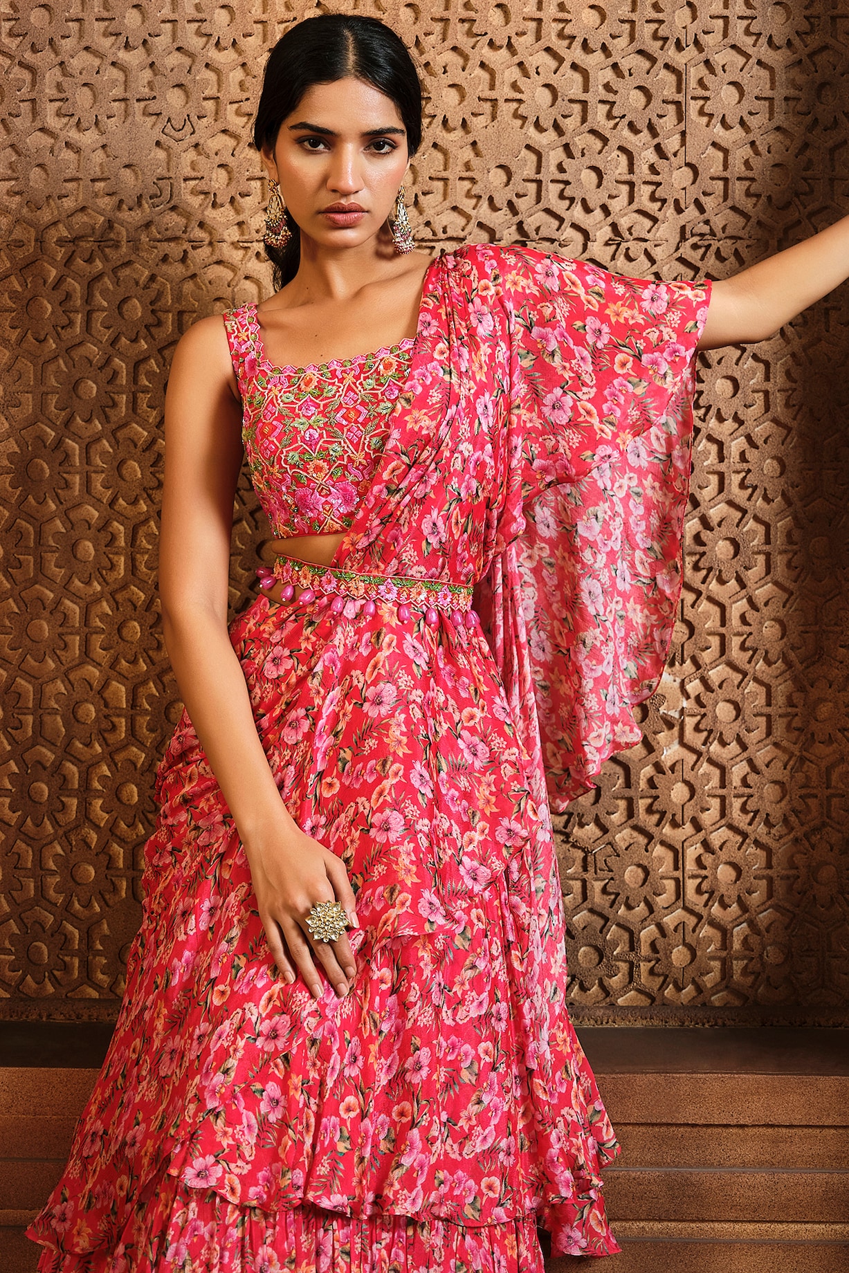 Red Chiffon Floral Printed Frilled Saree Set Design by Aneesh Agarwaal ...