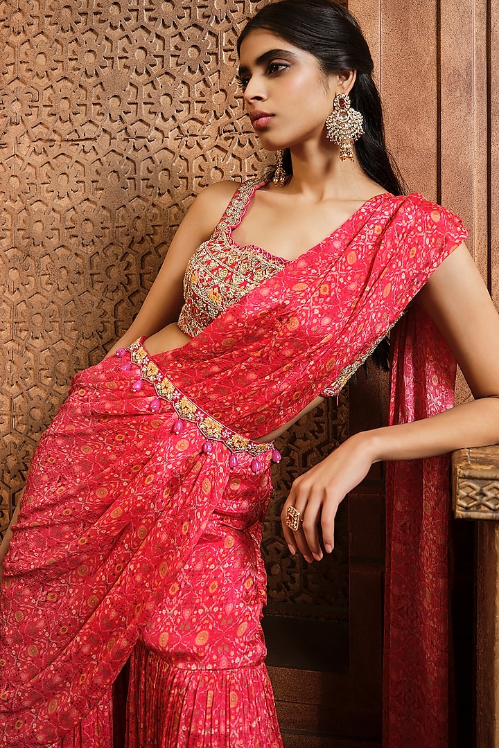 Vermilion Red Chiffon & Organza Printed Sharara Saree Set by Aneesh ...