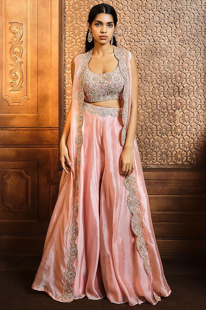 Salmon Pink Silk Organza Embroidered Jacket Set Design By Aneesh