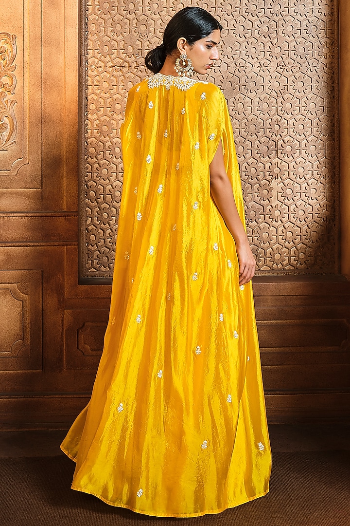Yellow Silk Organza Embroidered Cape Set by Aneesh Agarwaal PRET at ...