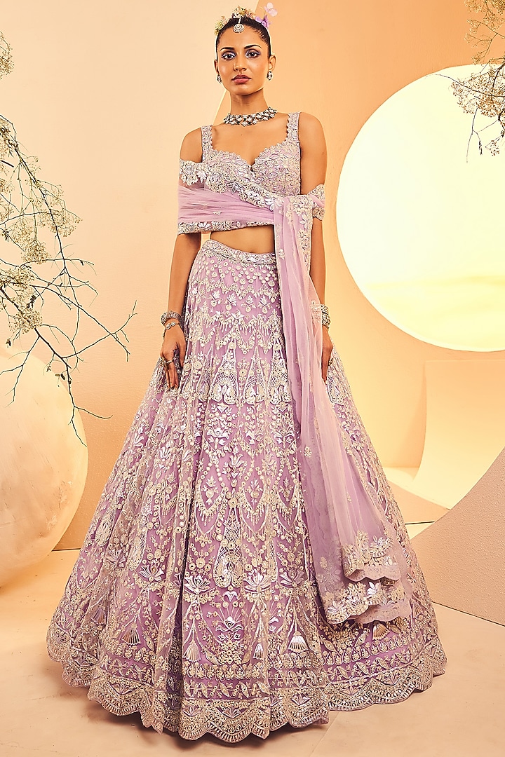 Orchid Tulle Cutdana & Mirror Embellished Bridal Lehenga Set by Aneesh Agarwaal at Pernia's Pop ...