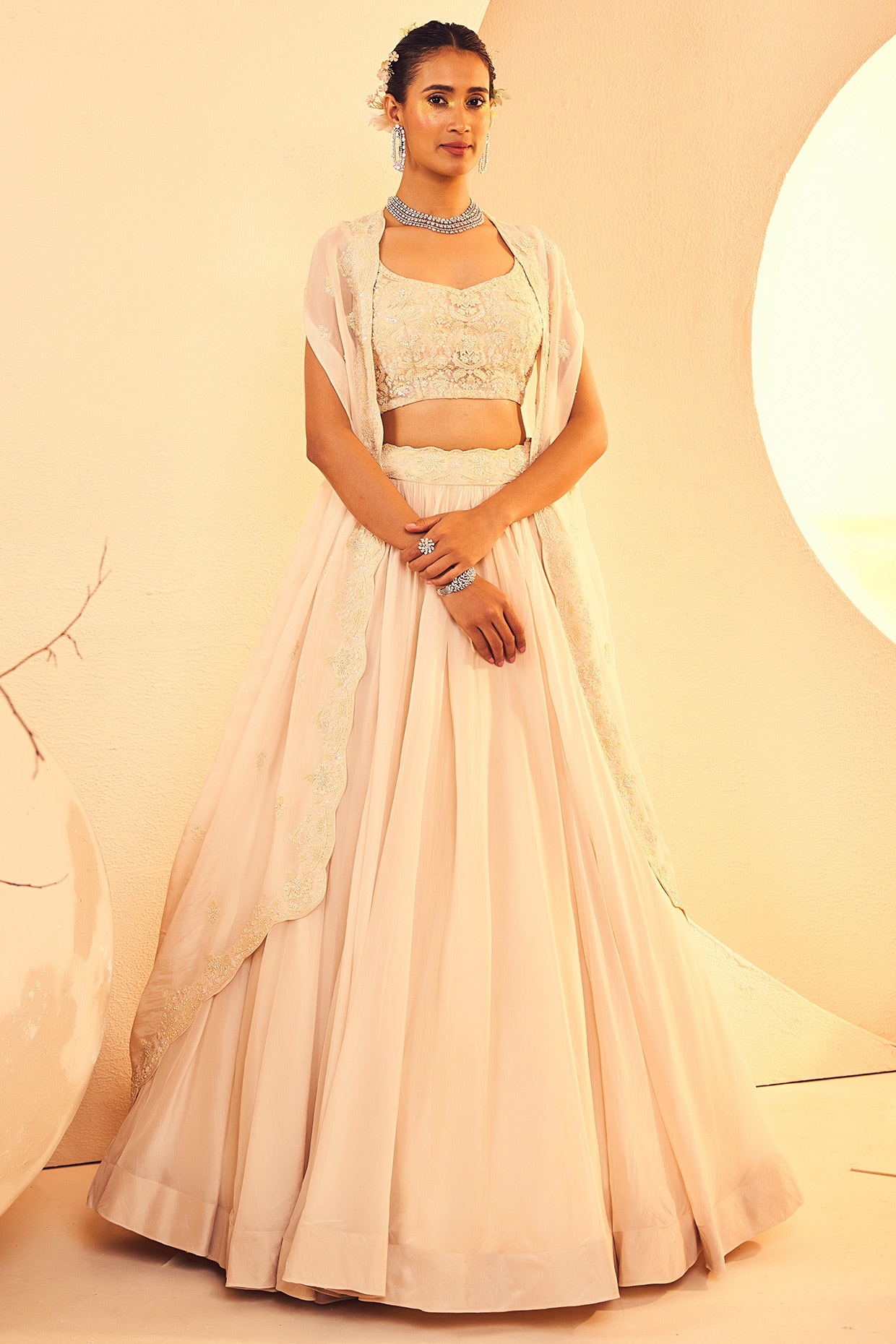 Dull Ivory Organza 3D Floral & Cutdana Hand Embroidered Cape Set by ...