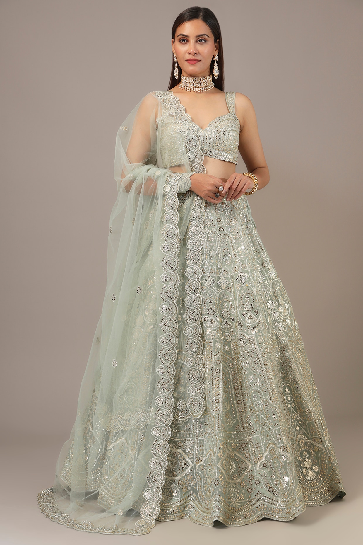 Green Organza Mirror & Zari Embroidered Bridal Lehenga Set by Aneesh ...