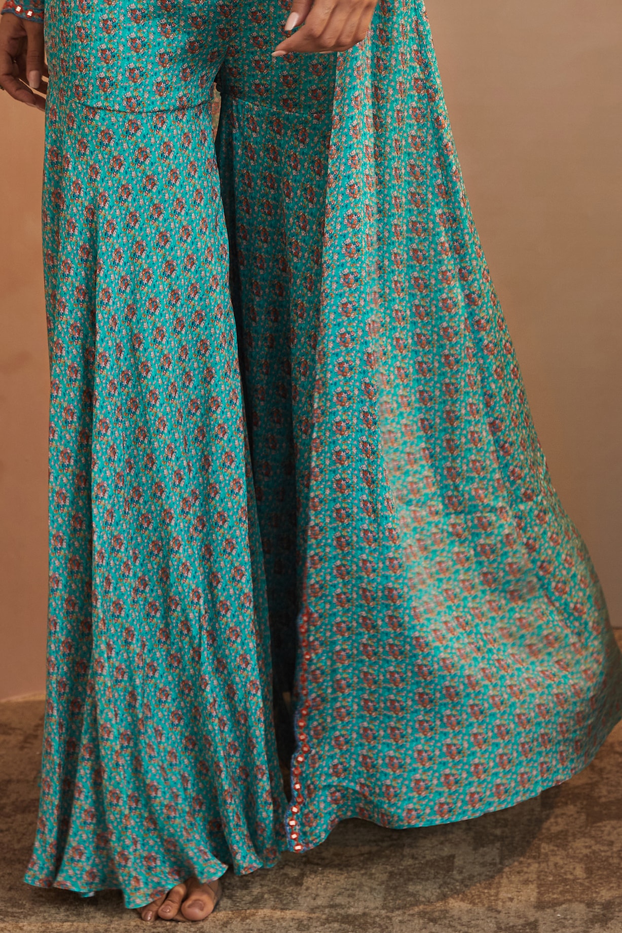 Dull Teal Chinon Chiffon Sharara Set by Aneesh Agarwaal PRET at Pernia ...