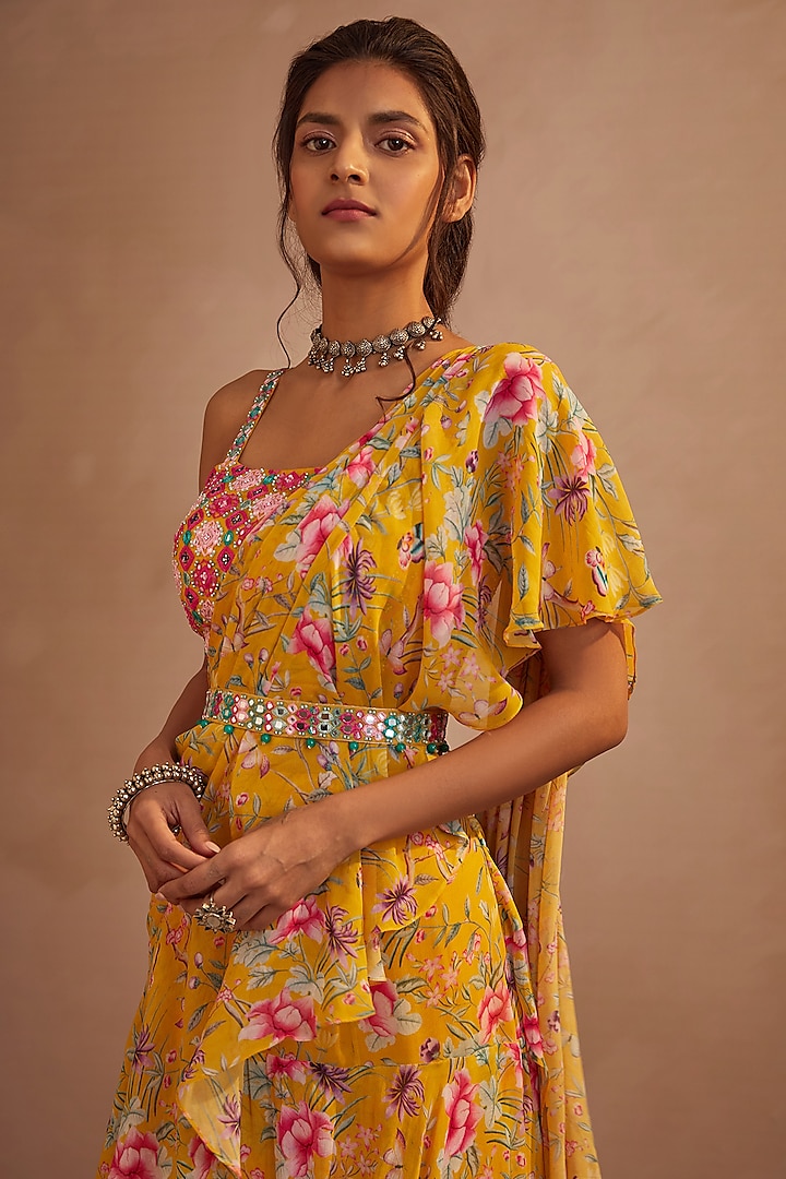Mango Yellow Floral Printed Draped Saree Set Design by Aneesh Agarwaal ...