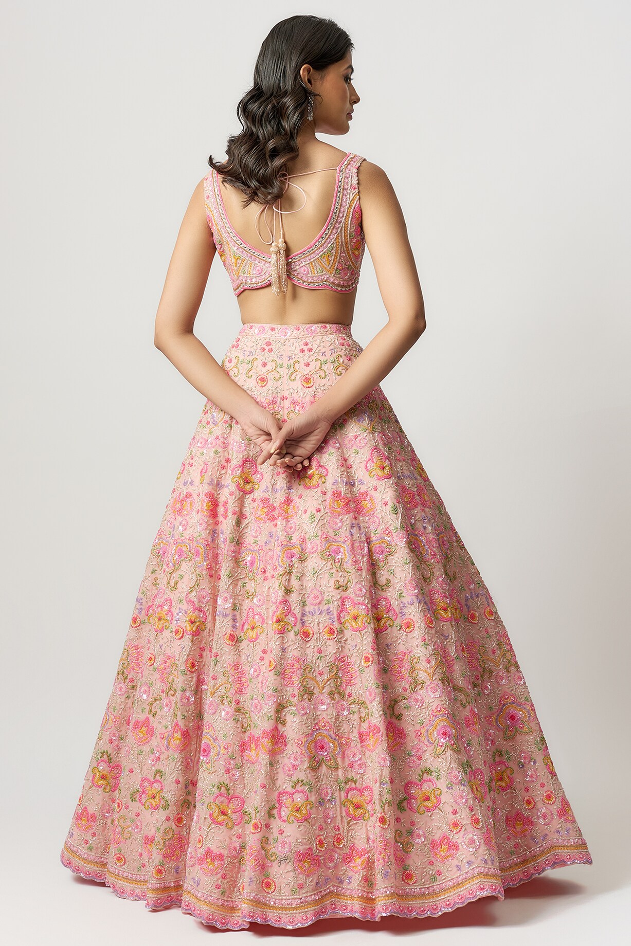 Rose Pink Organza Crystal Embroidered Bridal Lehenga Set by Aneesh ...